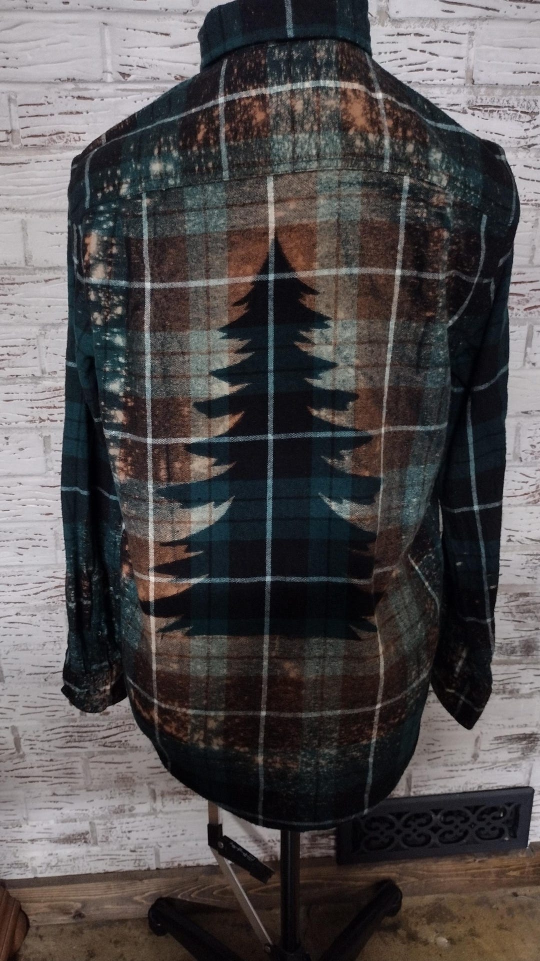 Green Tree Plaid Distressed Bleached Flannel Shirt, X Small to 3X Large ...