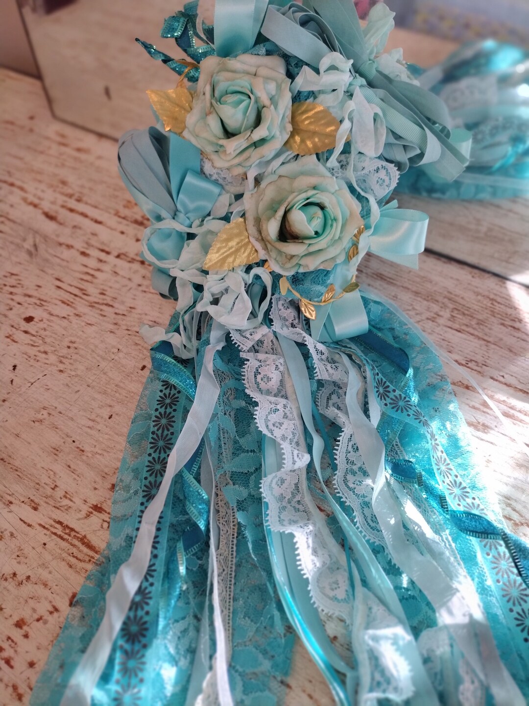 Turquoise & Gold Romantic Rag Bow/vintage Lace/vintage Style/wedding ...