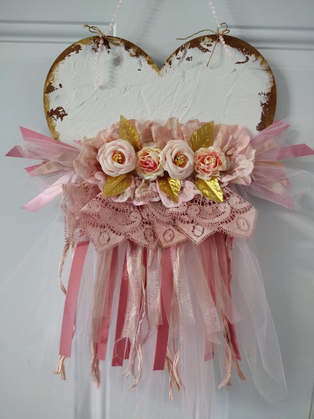 Vintage Style Pink & Golden Wooden Heart/valentines or Mother's Day ...