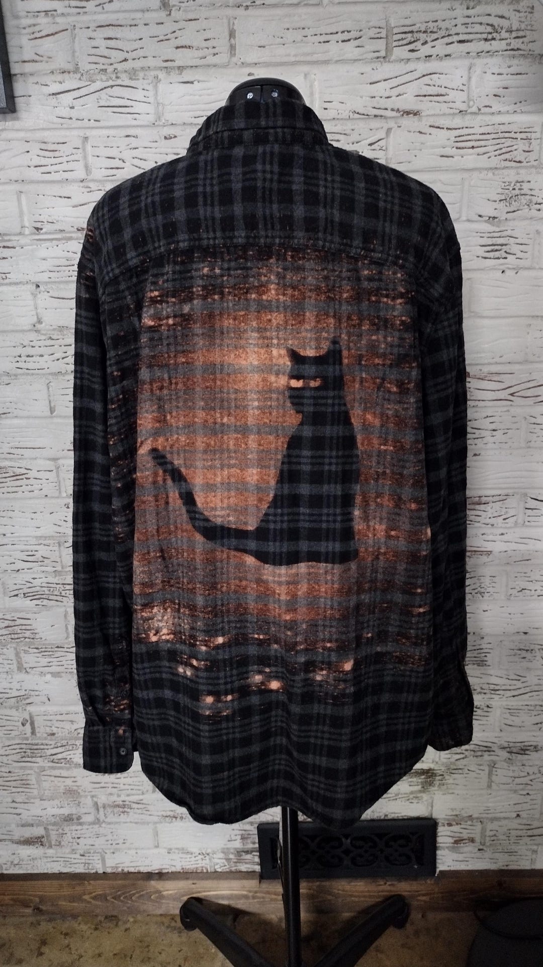 More Black Cat Plaid Distressed Bleached Flannel Shirt, Small to 3X ...