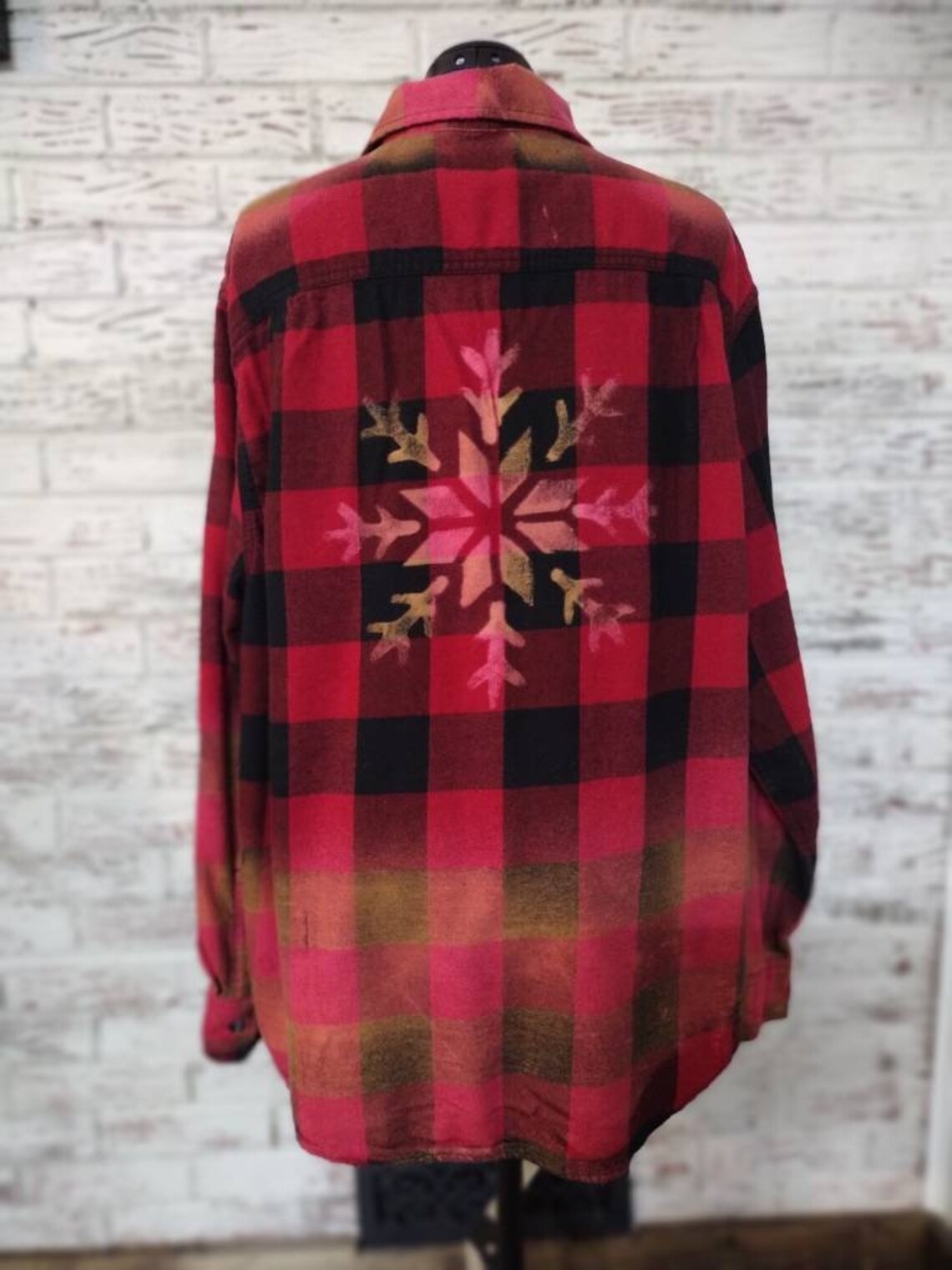 Red Snowflake Plaid Distressed Bleached Flannel Shirt, Small to 3X ...