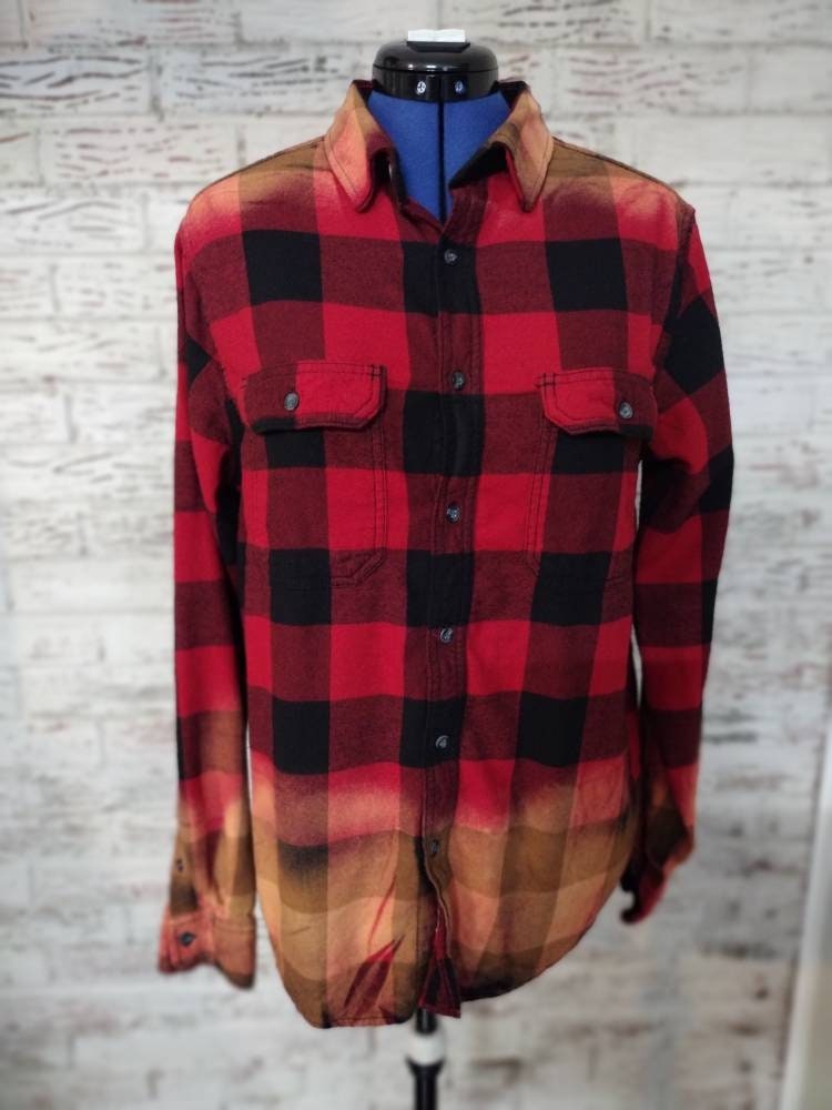 Red Snowflake Plaid Distressed Bleached Flannel Shirt, Small to 3X ...