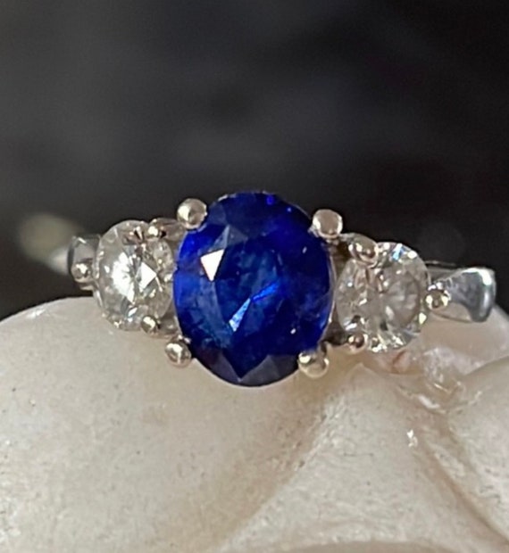 Diamond & Blue Sapphire Wide Band 18K 750 Ring Size 7… - Gem