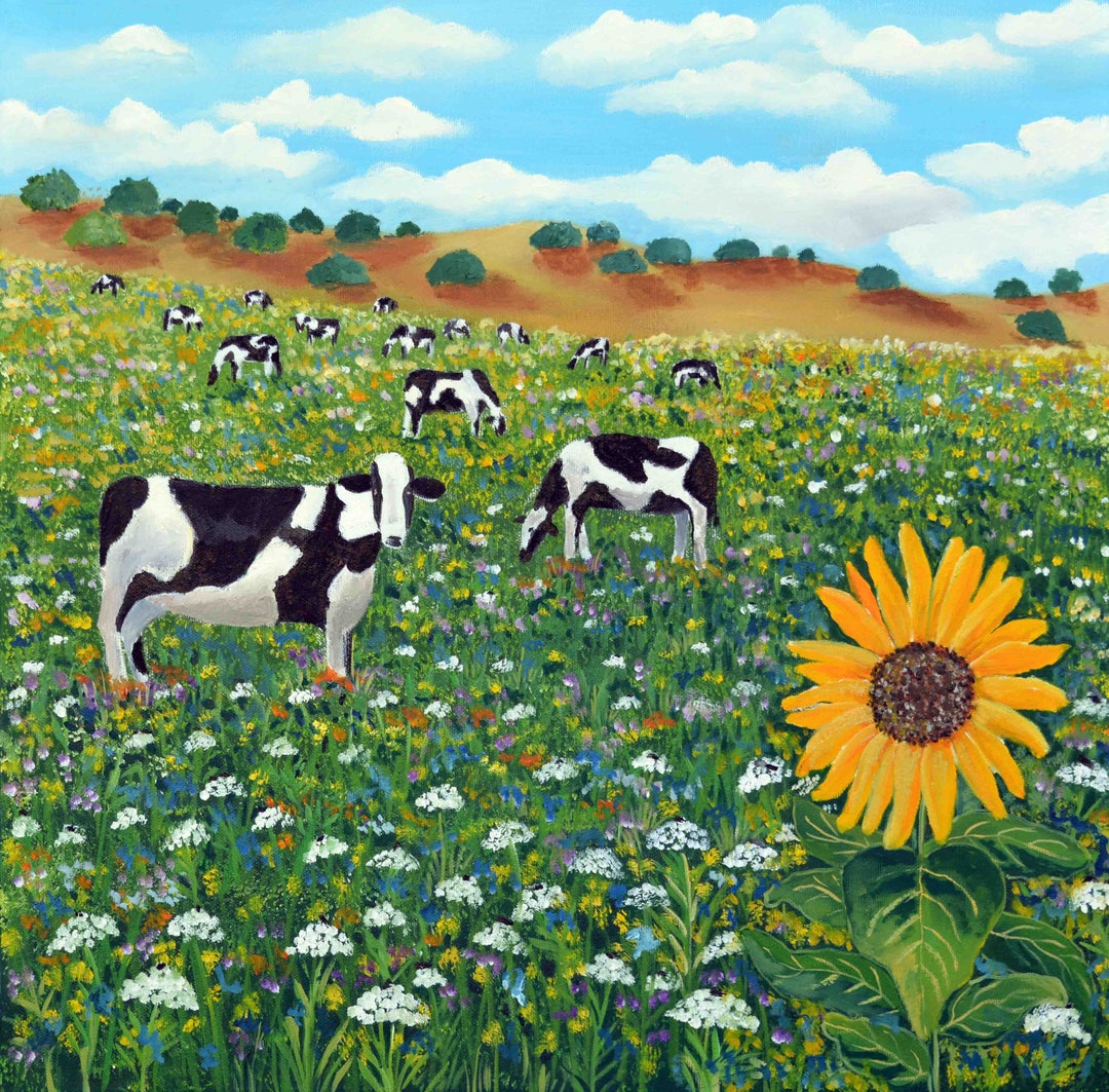 Folk Art, Naive Art, Print on Paper, Nature, Acrylic Painting, Cows ...