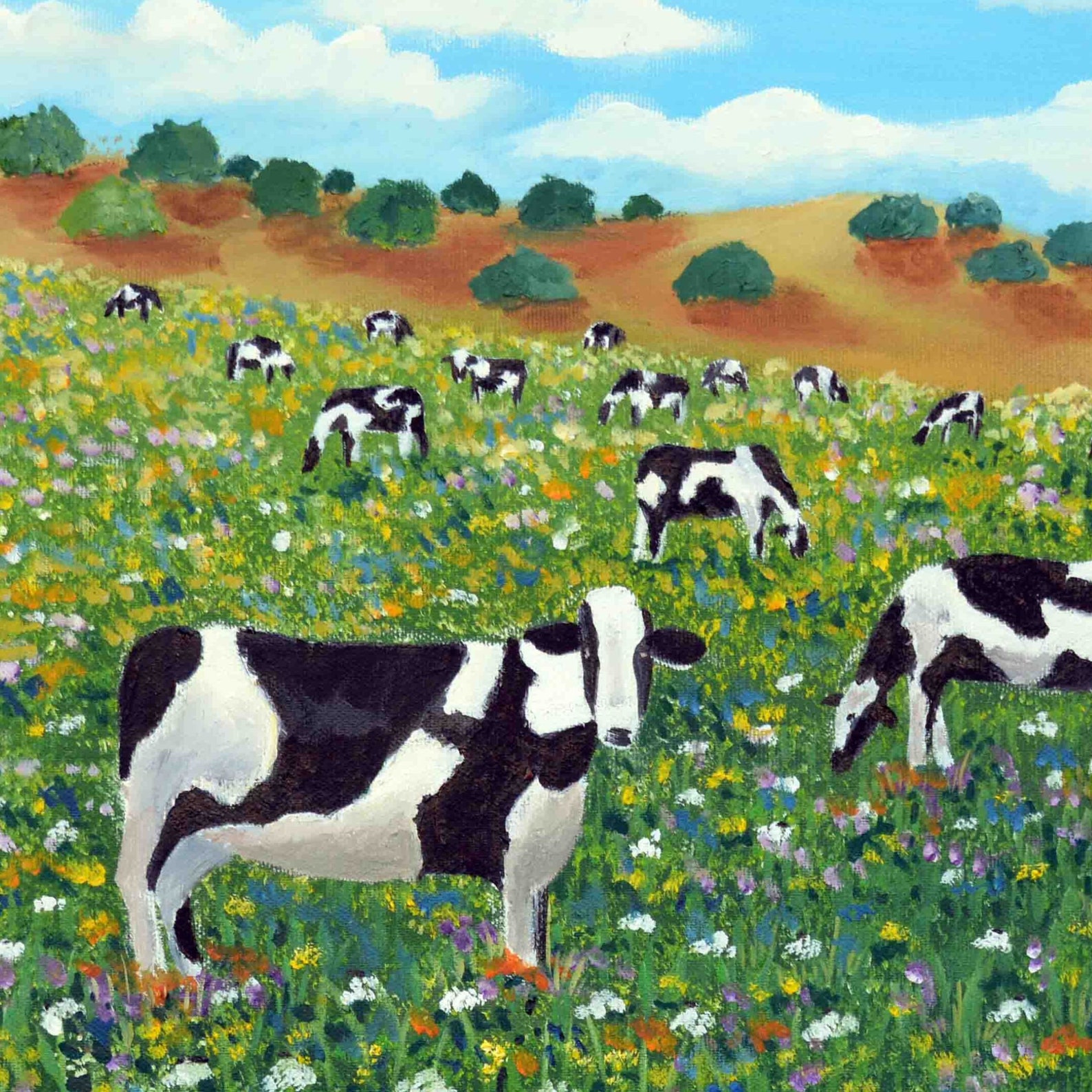 Folk Art, Naive Art, Print on Paper, Nature, Acrylic Painting, Cows ...