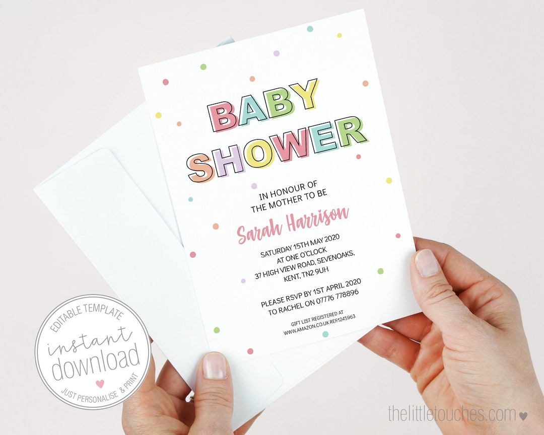 Pastel Polka Dot Baby Shower Printable Invitation Template 5x7 Inch ...