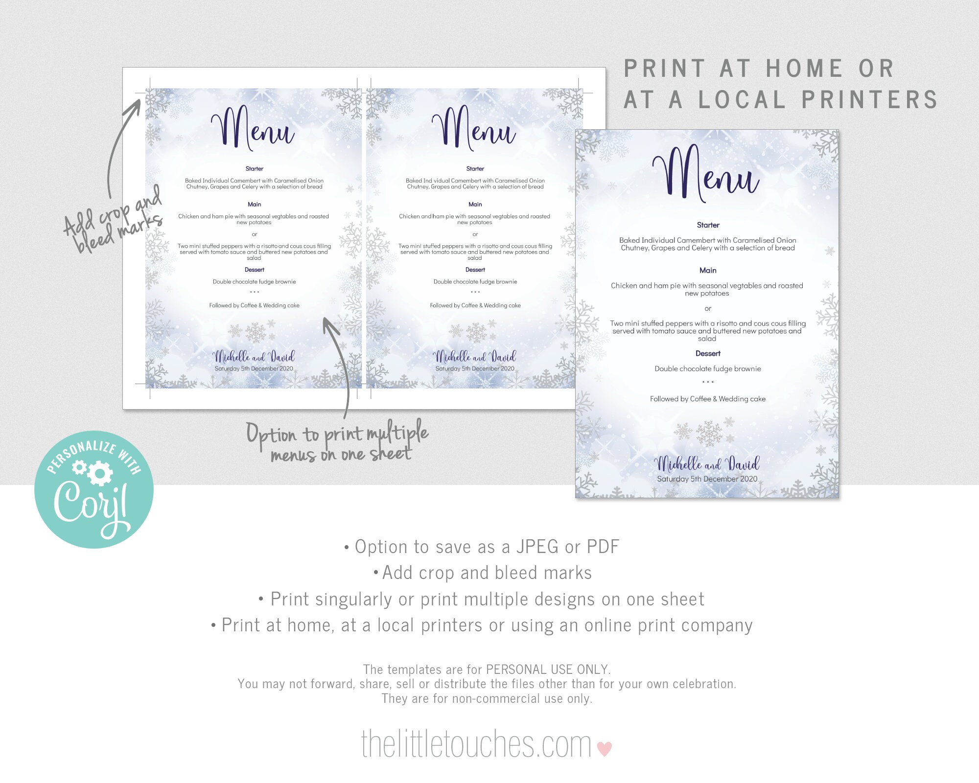 Winter Snowflake Printable Wedding Menus 5x7 Inch & A6 | Etsy