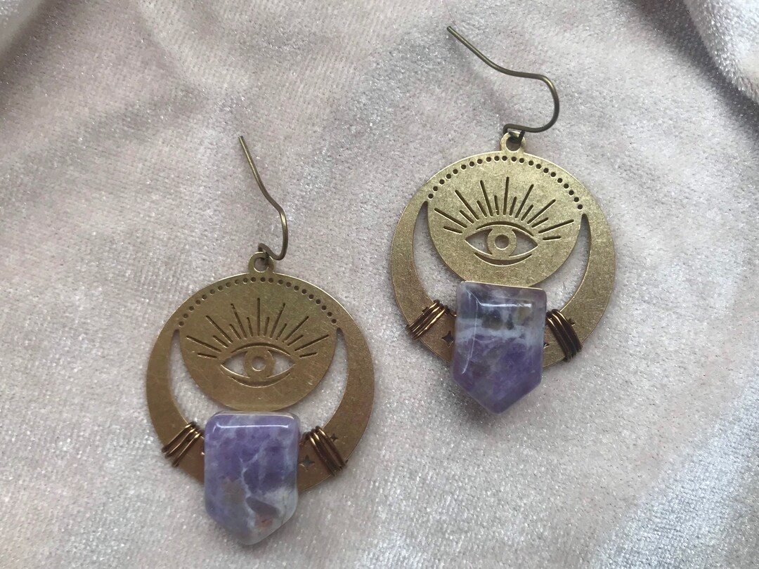 Crescent Eye Amethyst Moon Butterfly Earrings Art Geometric - Etsy