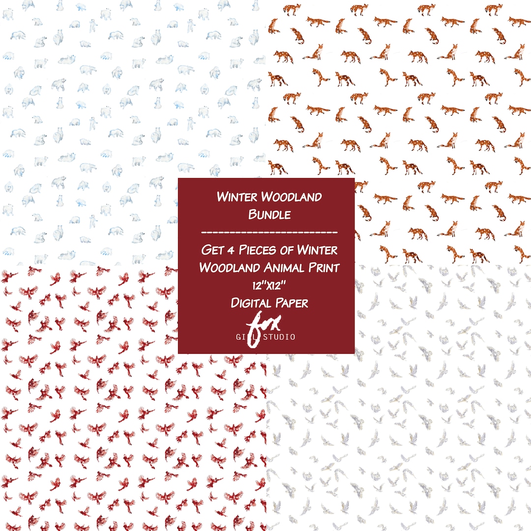 Winter Woodland Animal Print Digital Paper for Scrapbooking Christmas ...