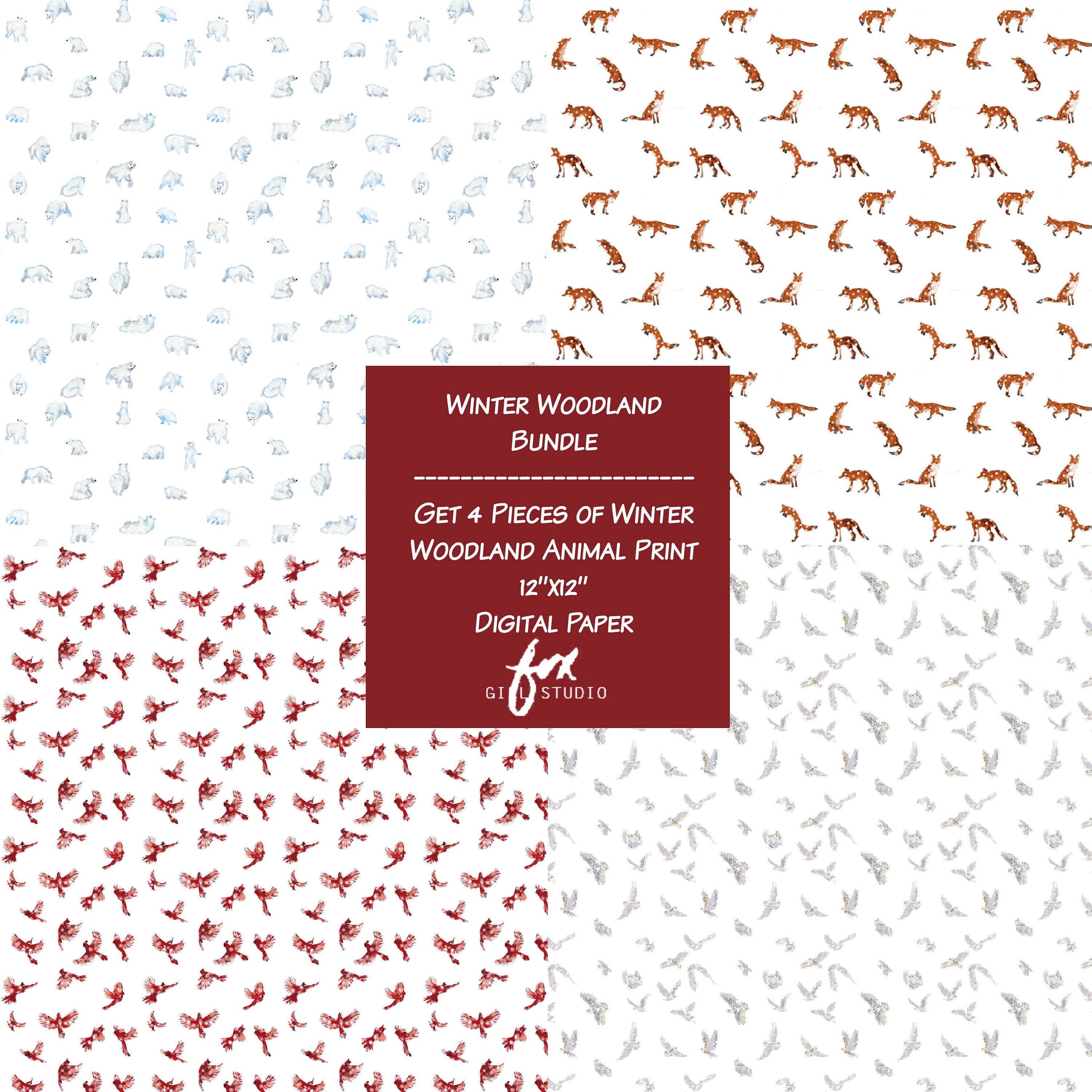 Winter Woodland Animal Print Digital Paper for Scrapbooking Christmas ...