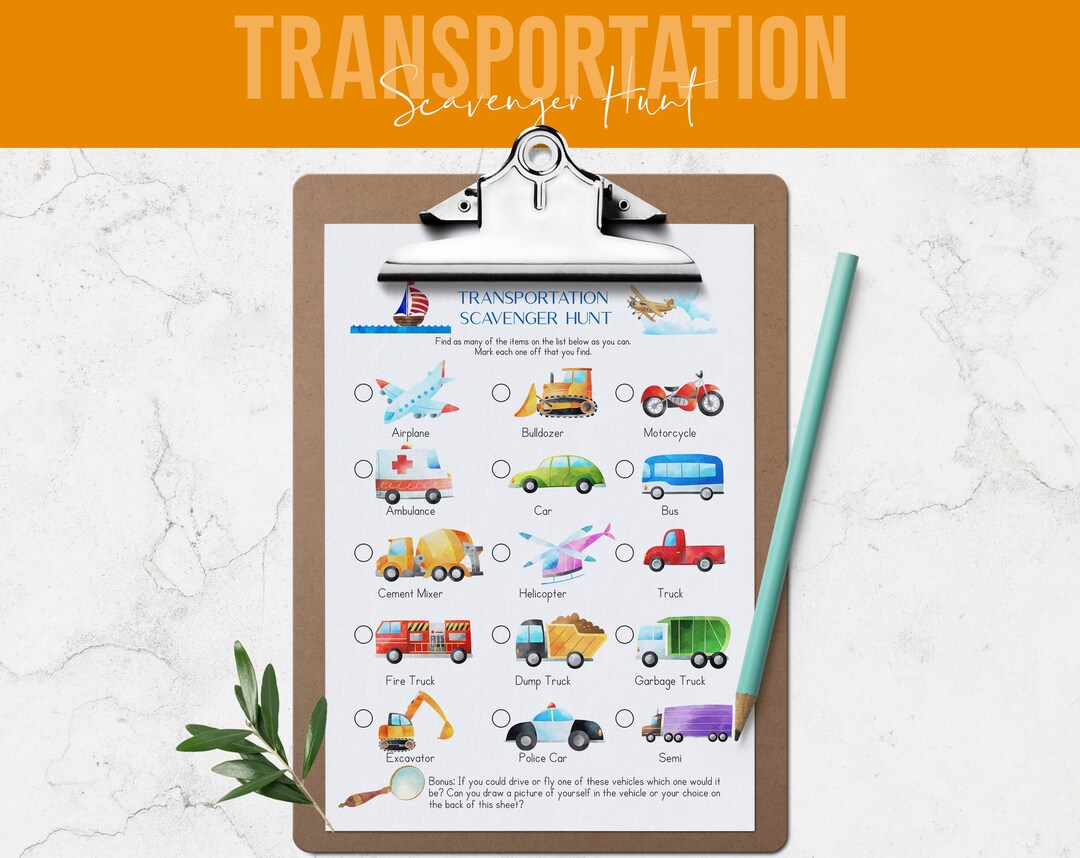 Transportation Scavenger Hunt, Emergency Vehicles, Construction ...