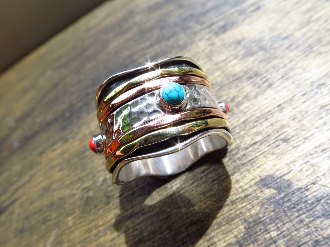 Spinner Relaxation Ring Meditation Size 10 Ring Turquoise Coral Worry ...