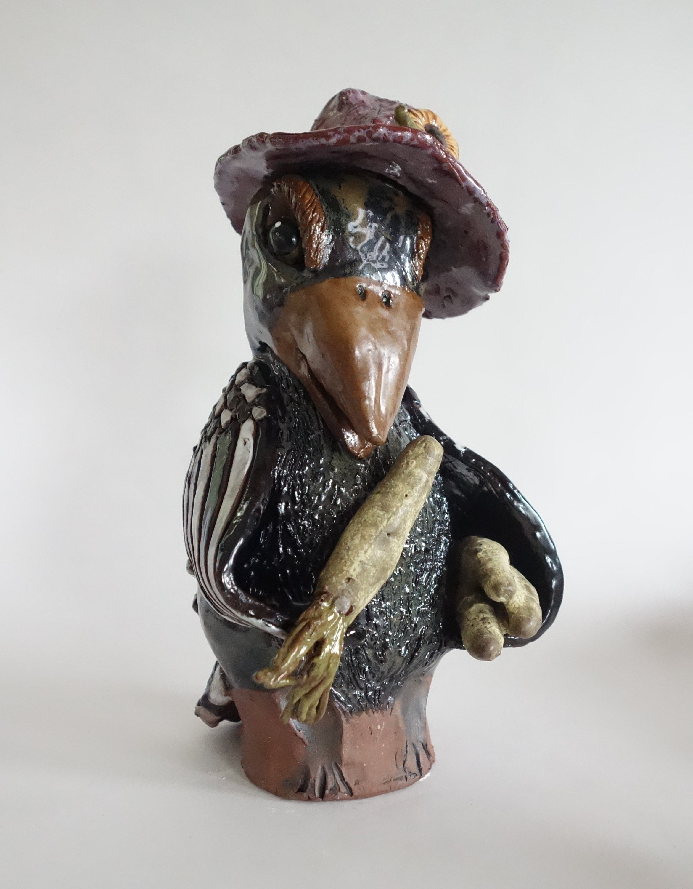 Black Bird Crow Hand Built Pottery Sculpture Clay Folk Art Figurine ...