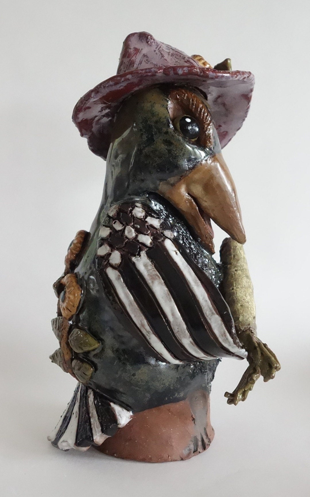 Black Bird Crow Hand Built Pottery Sculpture Clay Folk Art Figurine ...