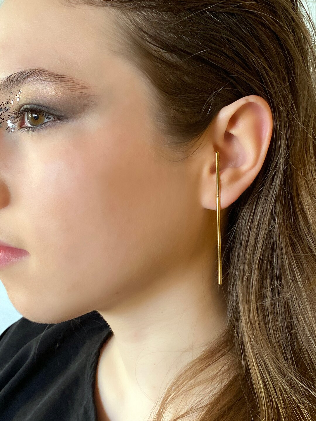 Minimal Strip Earrings, Long Line Earrings, Golden Long Earrings, Long ...