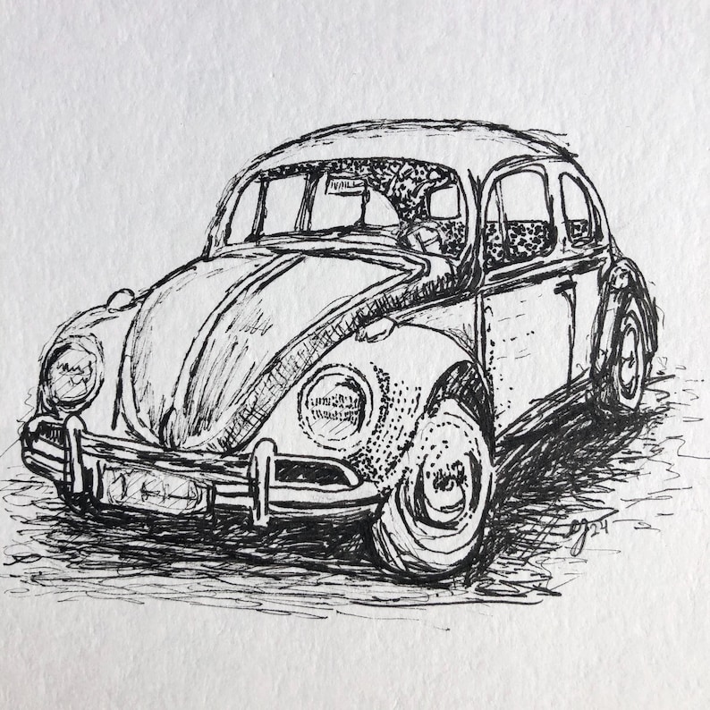 Vintage Volkswagen Beetle Drawing Handmade Sketch Illustration Bug Car ...