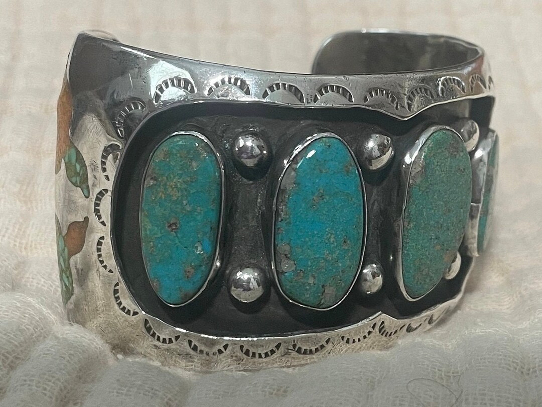 Iconic 1970s Native American Shadow Box Silver and Turquoise Cuff ...