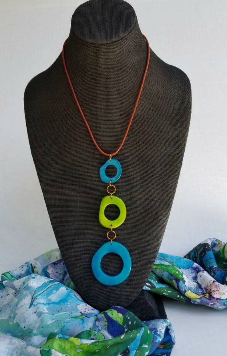 Big, Bold, Long Pendant. Turquoise and Green Tagua Nut. Large Statement ...