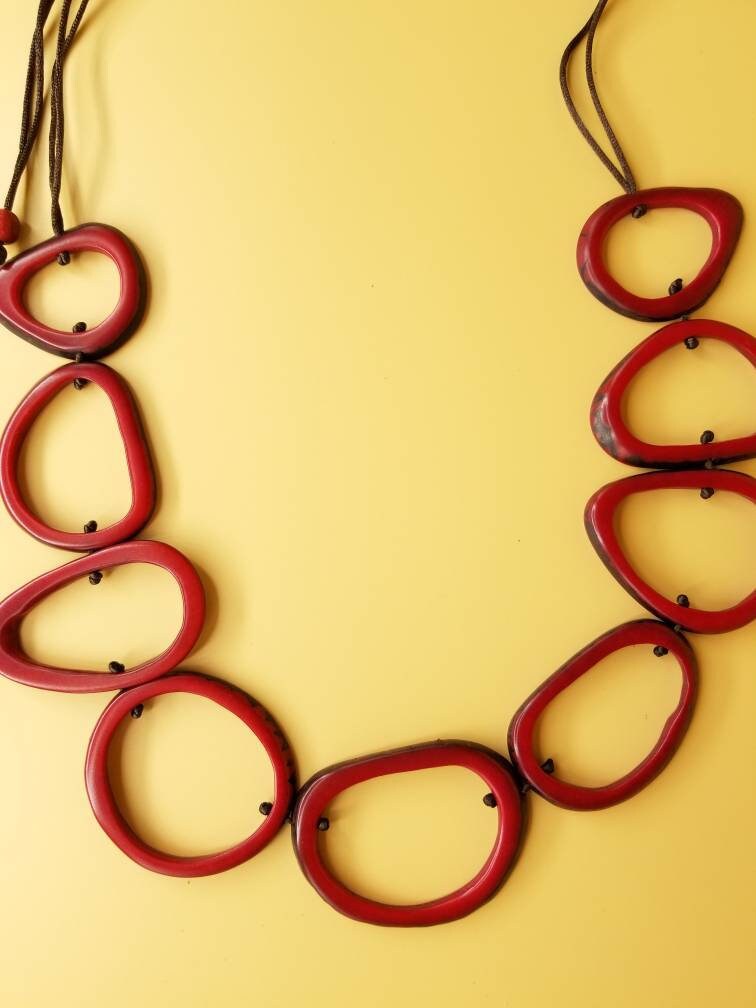 Red Statement Necklace. Tagua Nut Large Open Beads. A Light and Bold ...