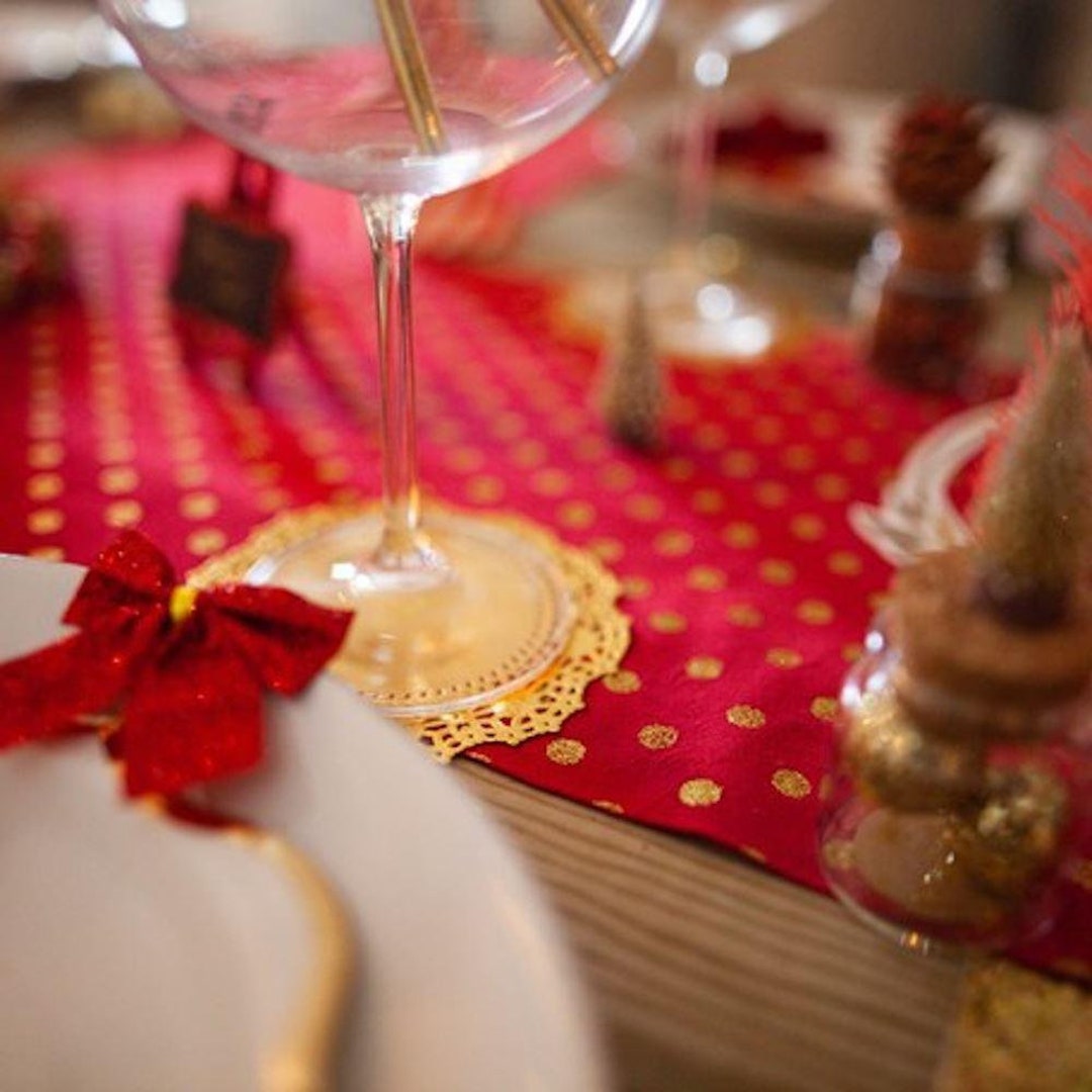 Red Velvet and Gold Glitter Spotted Christmas Table Runner, Gold ...