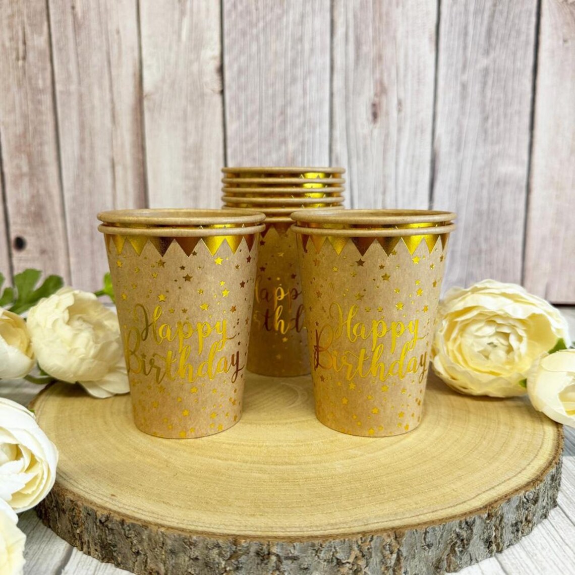 10 Rustic Brown Birthday Cups, Gold Foiled Birthday Party Tableware ...
