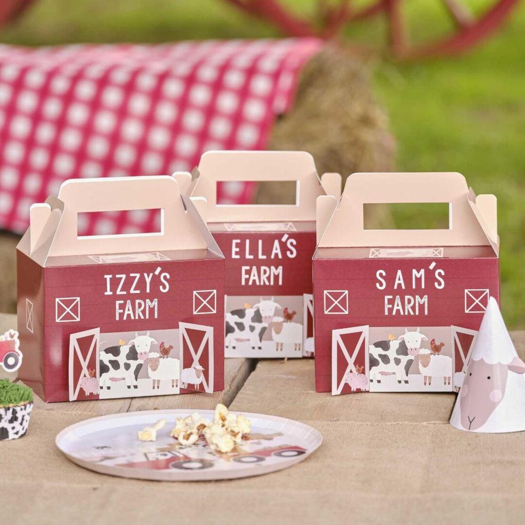 5 Customisable Farm Animal Party Boxes, Farmyard Birthday Party Treat ...