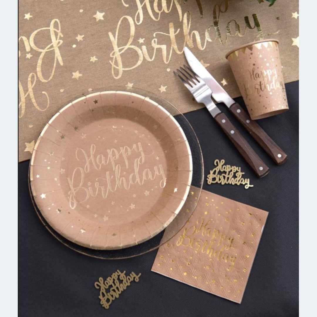 Rustic Brown Birthday Party Pack for 10 People, Gold Foiled Plates ...