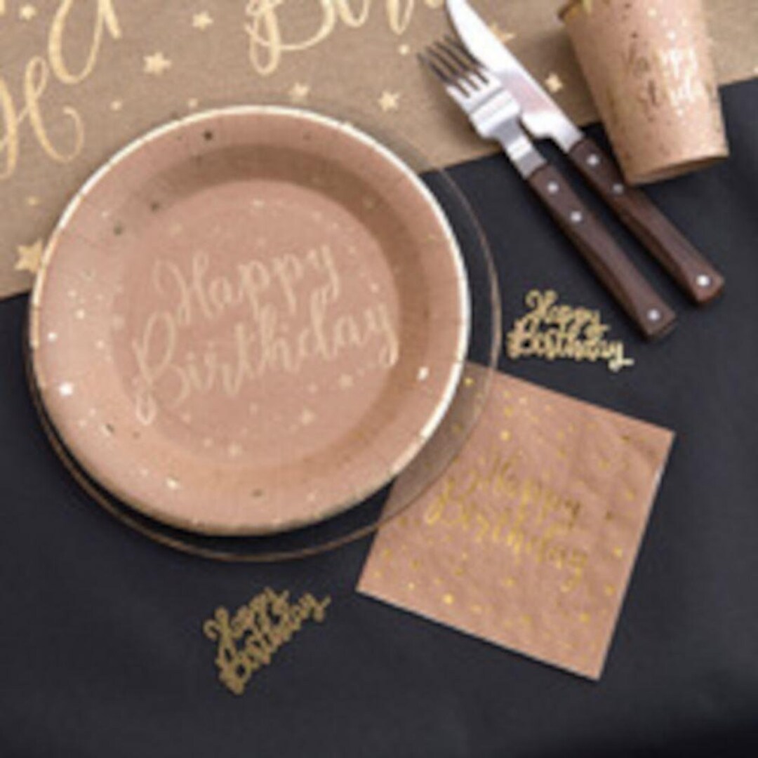 10 Brown Gold Happy Birthday Plates, Foiled Dinner Paper Plates ...