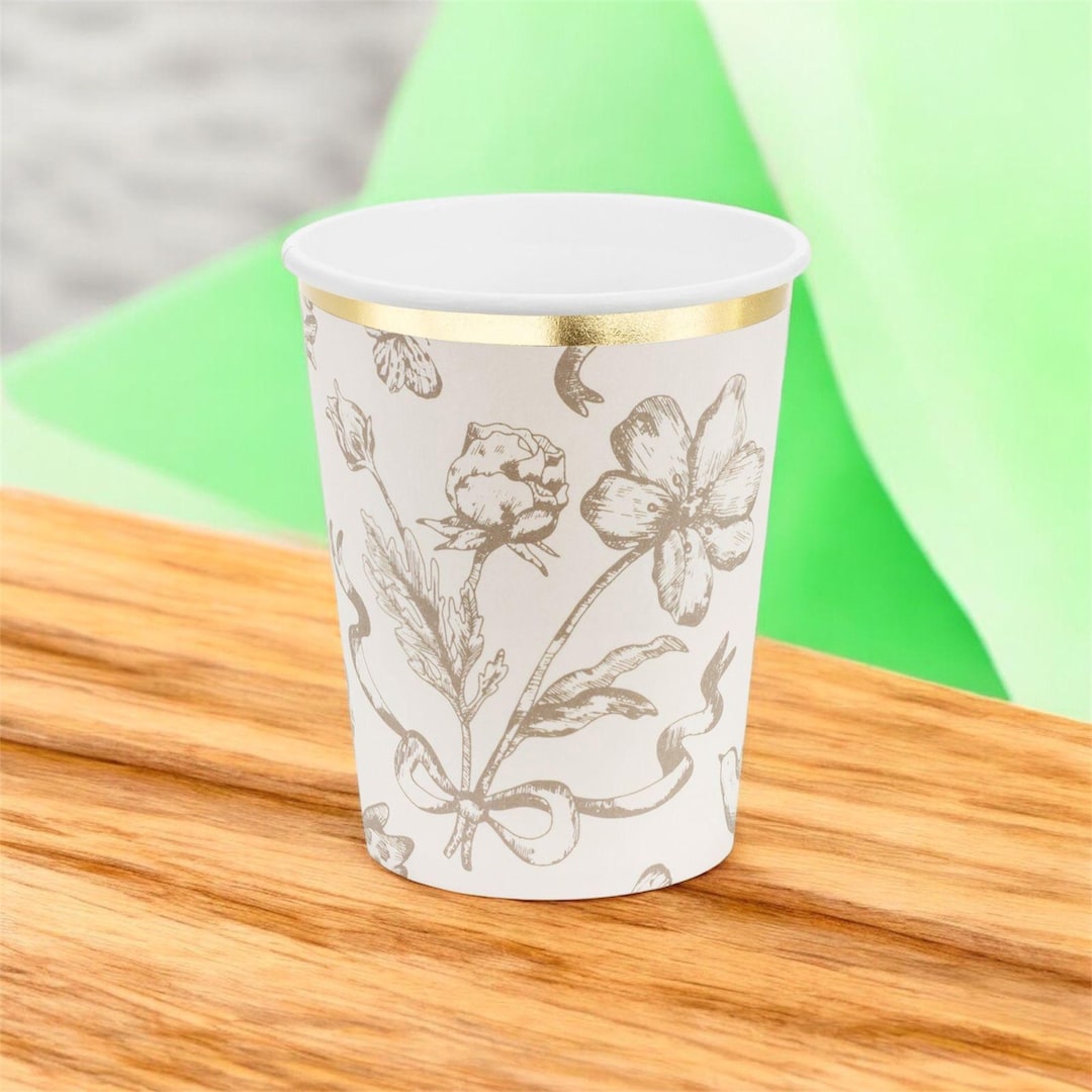6 Elegant Beige and Gold Floral Paper Cups, Beautiful Party Drinkware ...