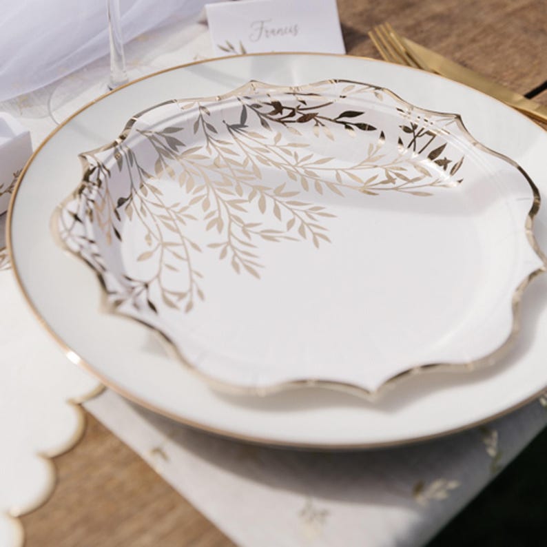White Gold Leaf Paper Plates Pack of 8 Elegant Wedding Tableware ...