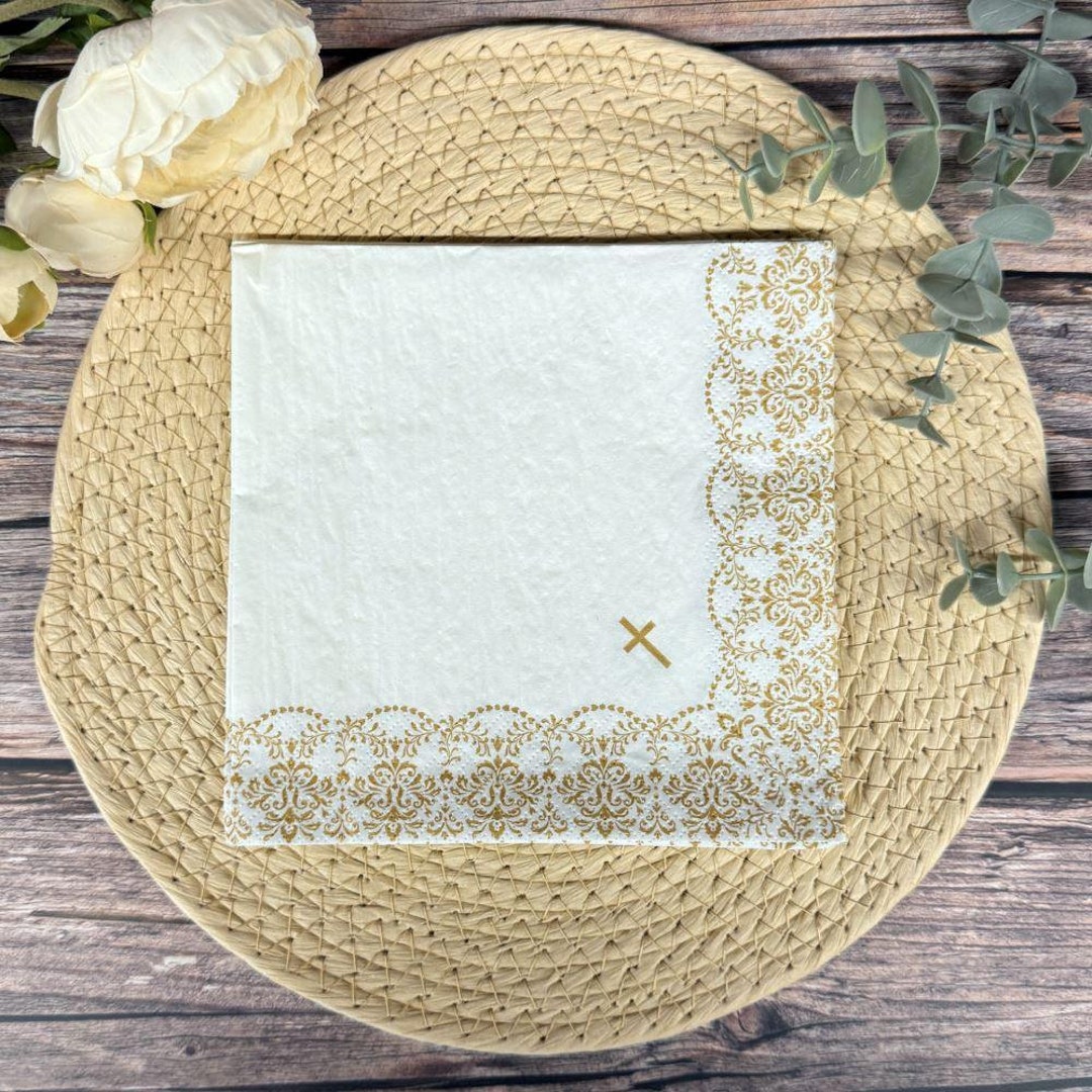 16 Gold Religious Paper Napkins, Communion Tableware, Christening Party ...