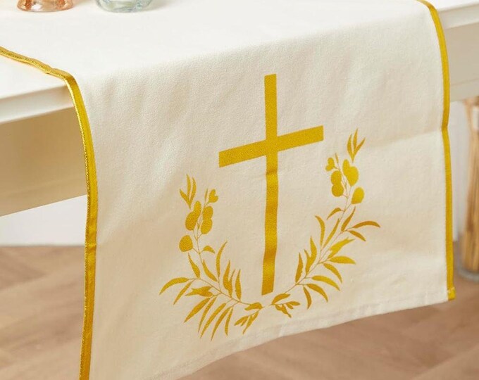 Gold Cross Fabric Table Runner, Christening Religious Celebrations ...