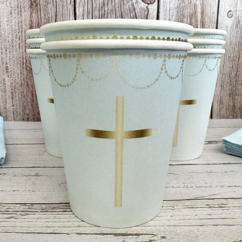 8 Blue Botanical Cross Cups, Boys Christening Party Cups, Baptism Cups ...