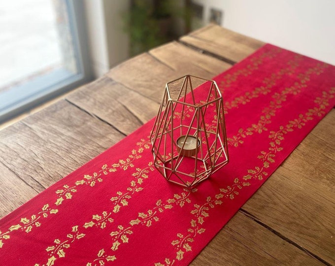 Christmas Holly Table Runner, Red Gold Velvet Festive Table Decoration ...