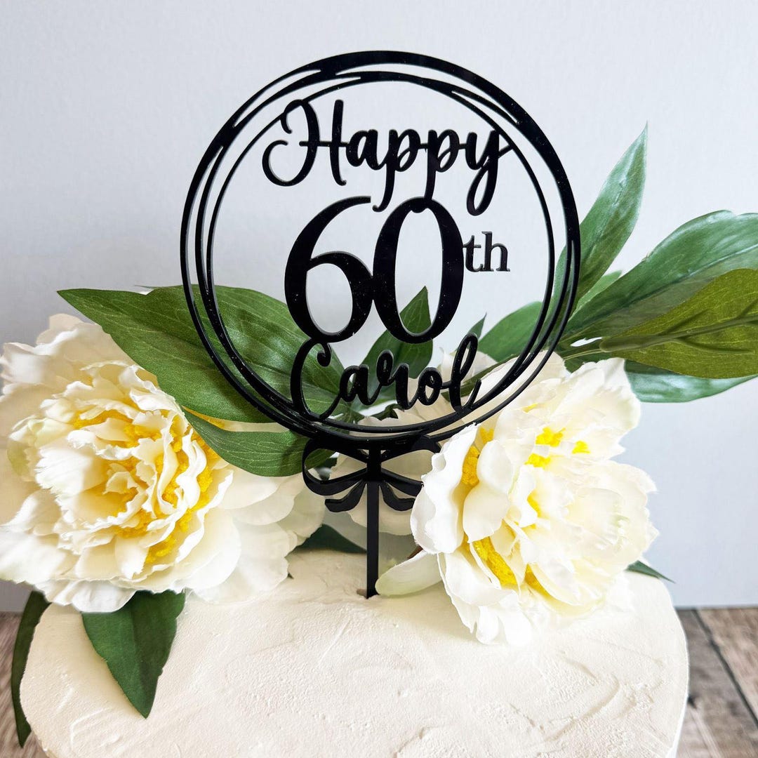 Personalised 60th Cake Topper, Birthday Bow Acrylic Cake Decoration ...