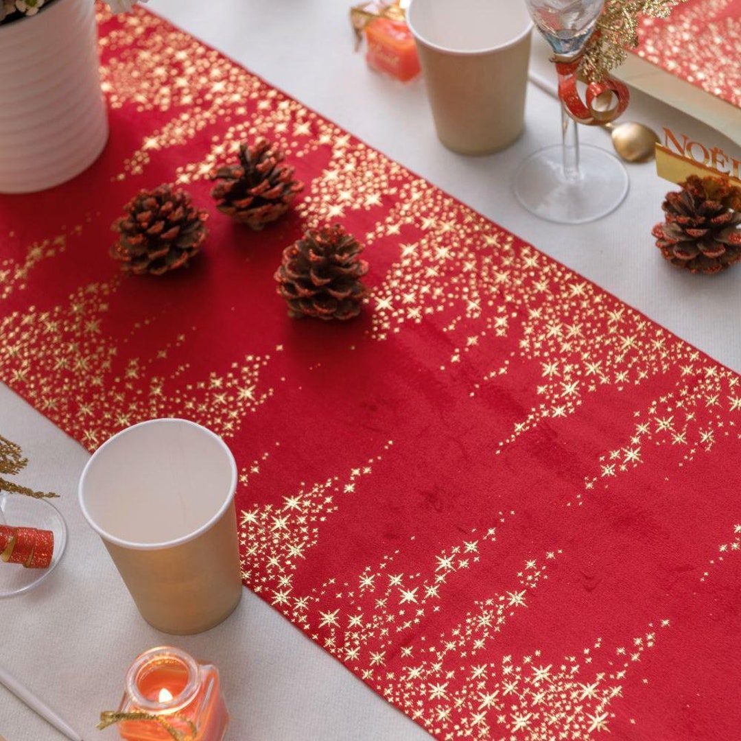 Red Christmas Table Runner Gold Stars, Christmas Luxury Velvet Table ...
