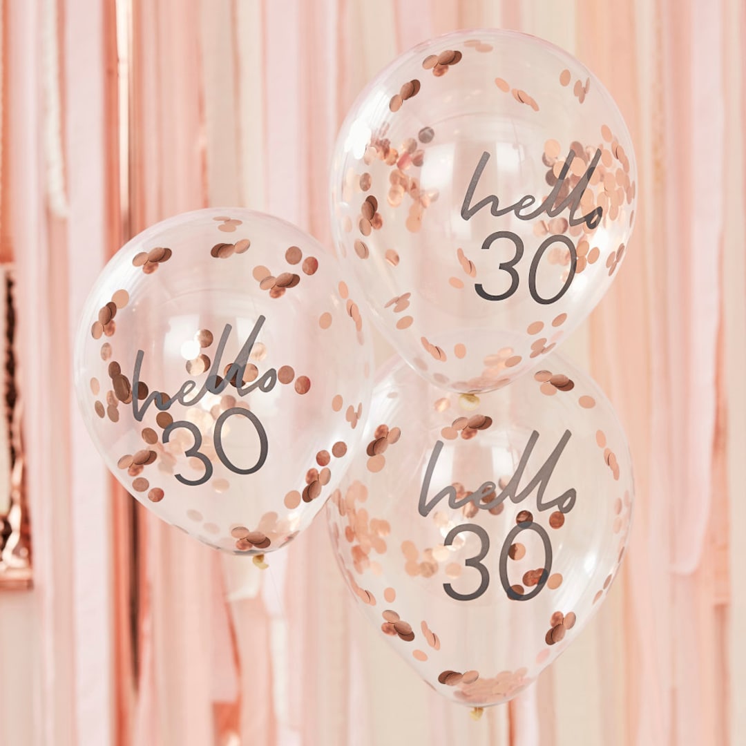 5 Hello 30 Rose Gold Birthday Balloons, 30th Birthday Confetti Balloons ...