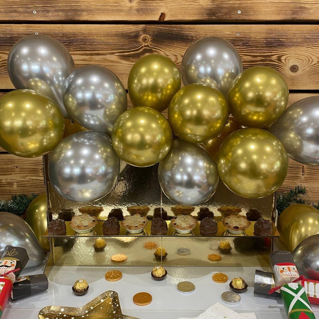 Gold Party Treat Stand With Balloons, Christmas Party Food Display ...