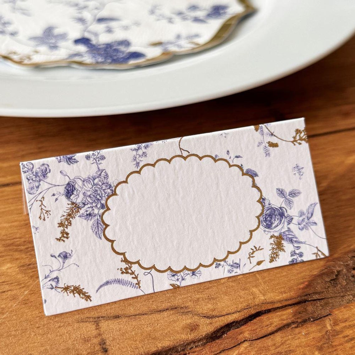 10 Blue Botanical Floral Place Cards, Gold Foiled Party Name Cards ...