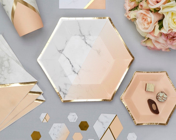 8 Marble and Peach MEDIUM Paper Plates, Marble Effect Plates, Wedding ...