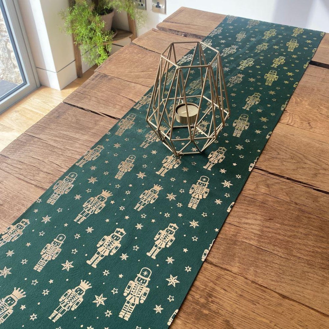 Nutcracker Christmas Table Runner, Festive Green and Gold Velvet Table ...