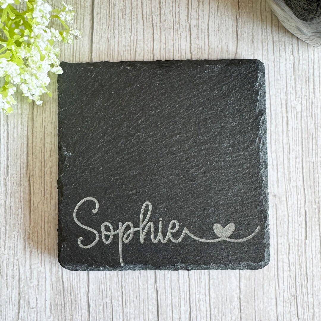 Personalised Slate Coaster With Name and Heart, Laser Engraved His Her ...