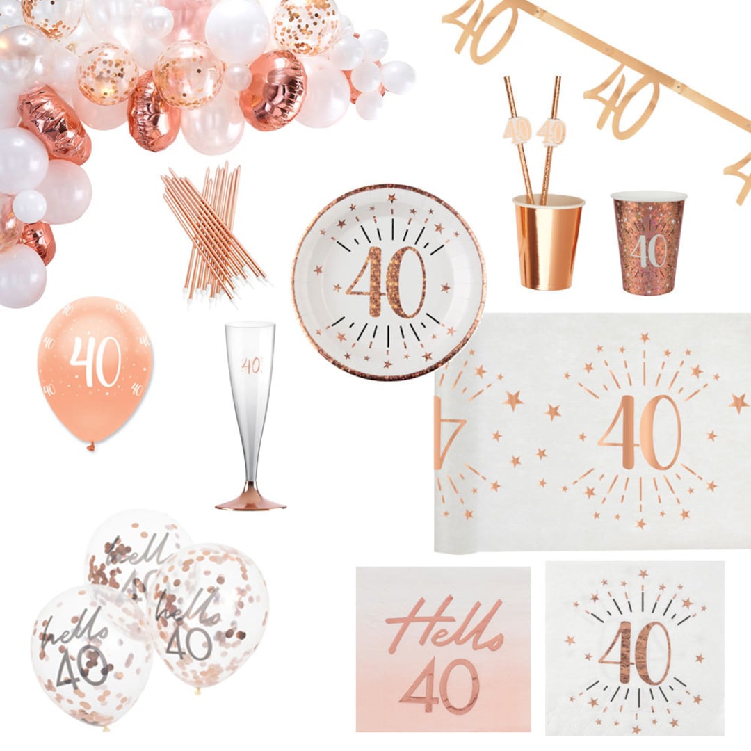 Rose Gold 40th Birthday Supplies, 40th Party Tableware and Decorations ...
