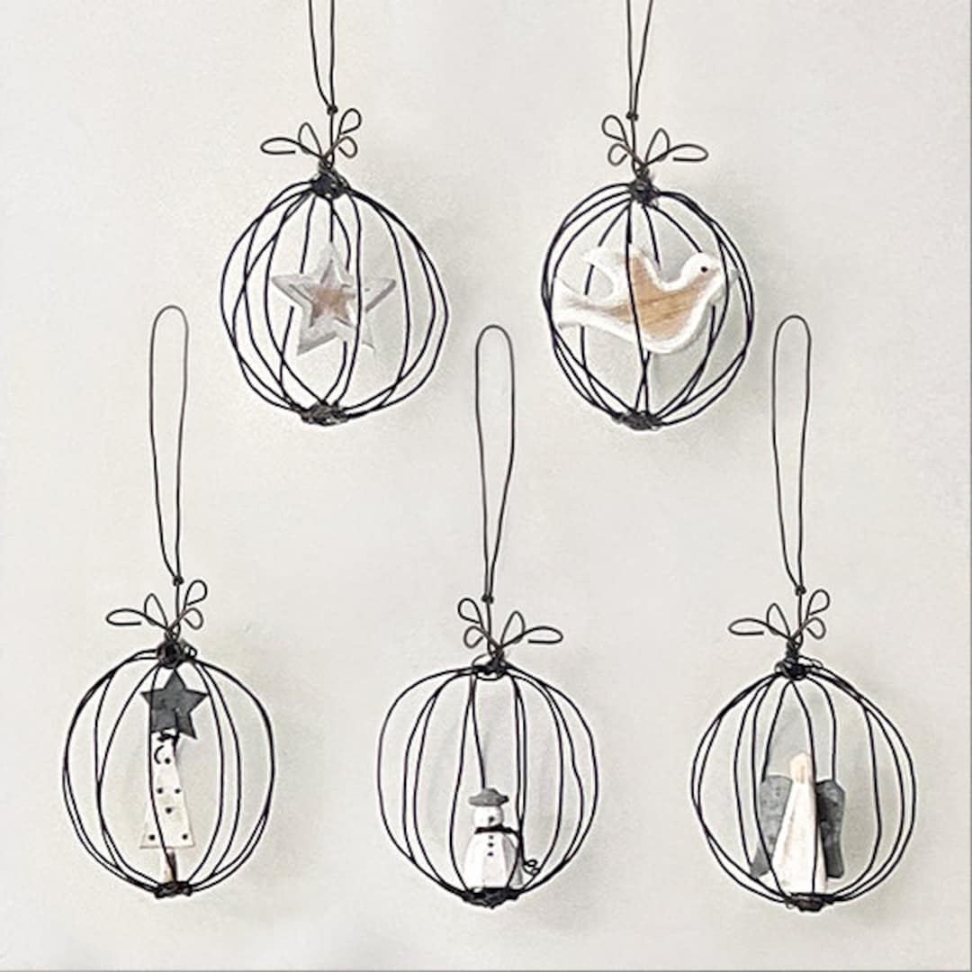 Rustic Wire Hanging Christmas Baubles Various Designs, Unique Festive ...