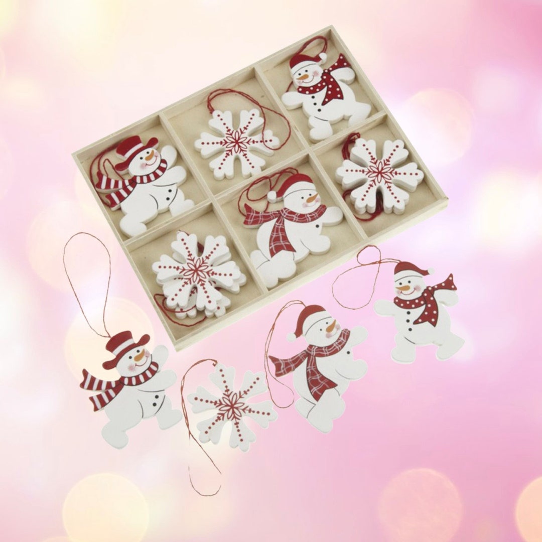 12 Christmas Wooden Hanging Snowflakes & Snowmen, Wooden Tree ...