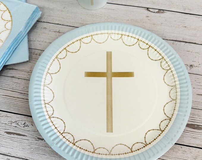 8 Blue Botanical Cross Plates, Boys Christening Party Plates, Baptism ...