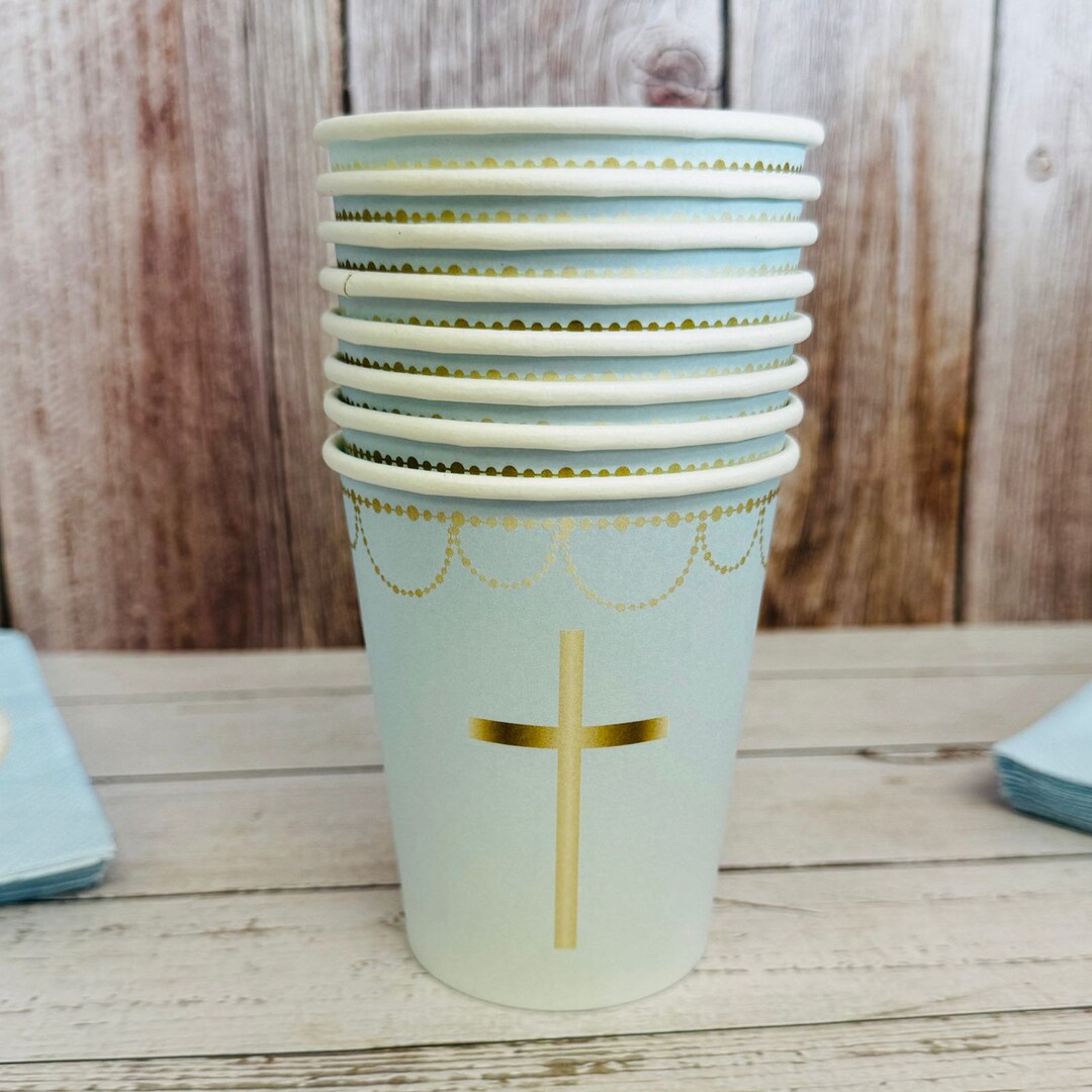 8 Blue Botanical Cross Cups, Boys Christening Party Cups, Baptism Cups ...