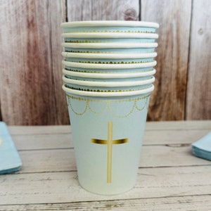8 Blue Botanical Cross Cups, Boys Christening Party Cups, Baptism Cups ...