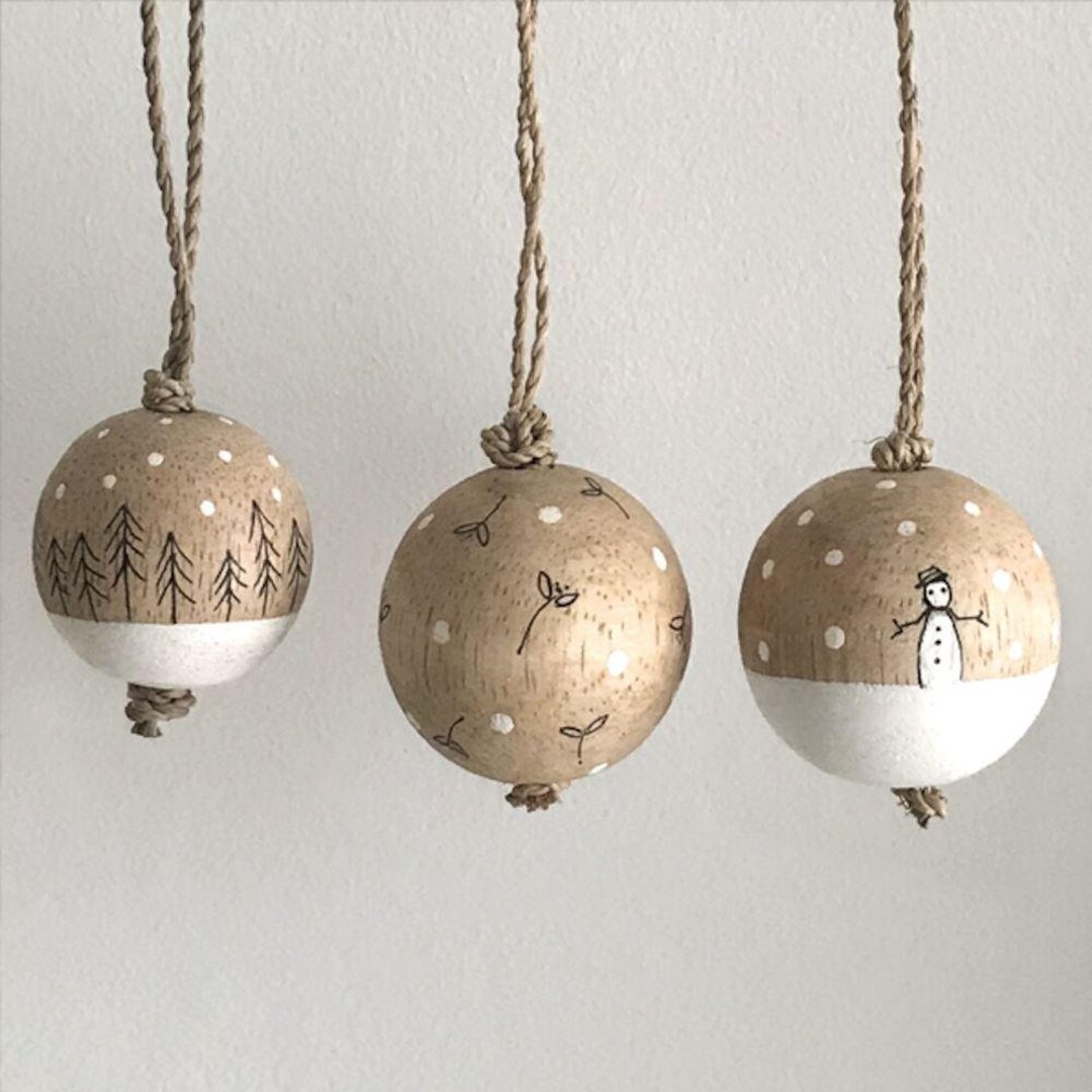 3 Wooden Baubles, Christmas Tree Hanging Decorations, Festive Keepsake ...