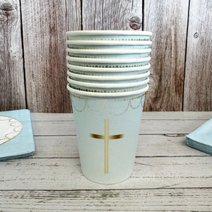 8 Blue Botanical Cross Cups, Boys Christening Party Cups, Baptism Cups ...